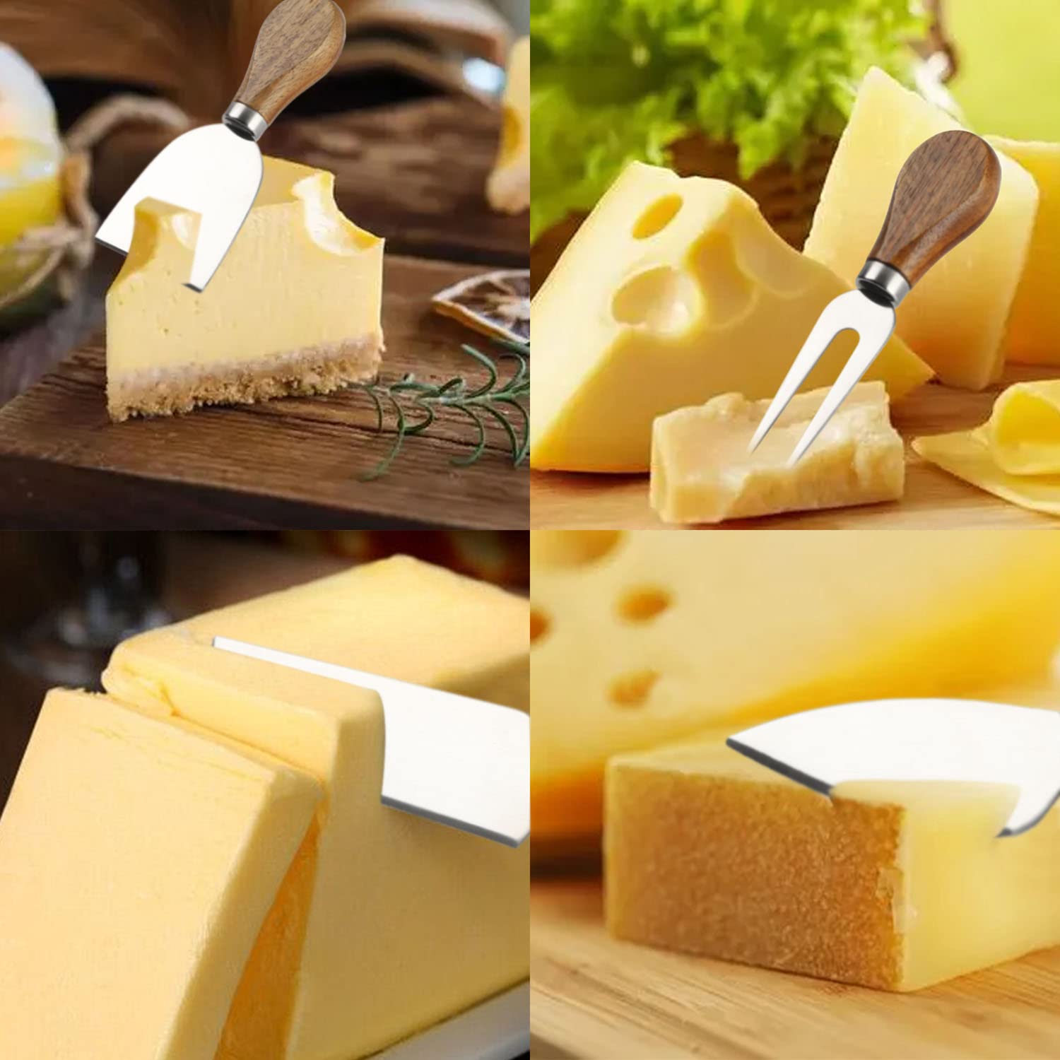 4-Piece Cheese Knife Set Butter Spreader Knives for Charcuterie Board, Acacia Wooden Handle Stainless Steel Cheese Knives with Cheese Slicer Cheese Cutter Cheese Shaver Cheese Fork