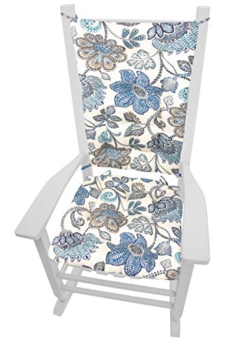 Boutique Blue Floral Porch Rocker Cushions - Extra-Large - Indoor - Outdoor, Fade Resistant, Weather Resistant - Latex Foam Fill Rocking Chair Seat Cushion & Backrest Pad Set - ( Blue - White )