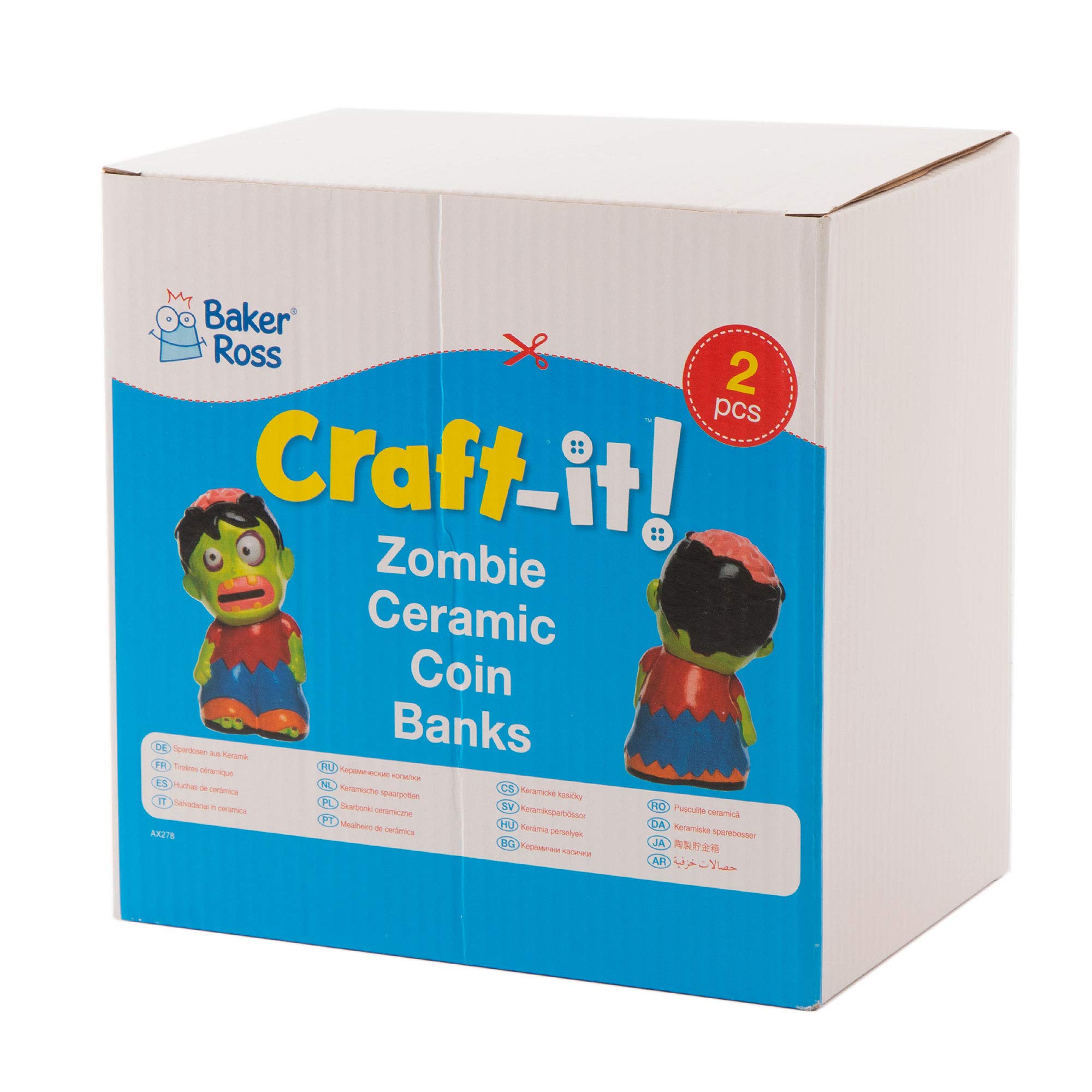 Baker Ross AX278 Zombie Ceramic Coin Banks - Box of 2, Coin Money Saving Activities for Kids. Great for Arts and Crafts Sessions