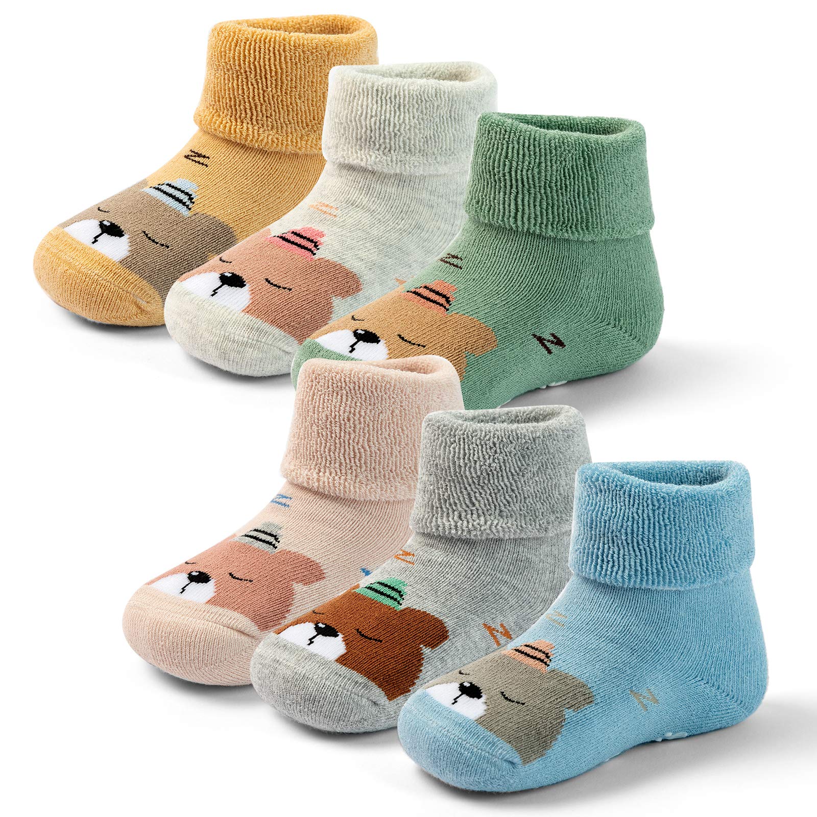 HowJoJo Baby Warm Socks With Grips For Baby Boys Non Slip Winter Socks Baby Girls Thick Crew Socks 6 Pack 12-24 Months