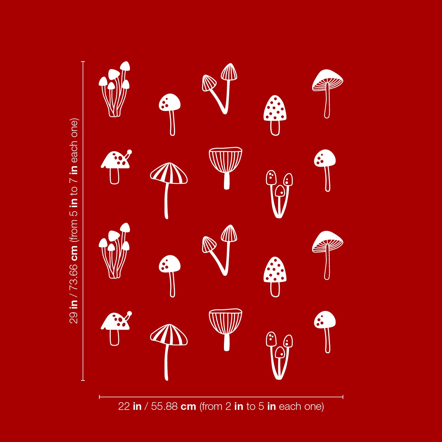 Set of 20 Vinyl Wall Art Decal - Mushroom Pattern - from 5" x 2" Each - Cool Adhesive Sticker Cute Design for Baby Kids Room Bedroom Playroom Home School Classroom Nursery Decor (White)