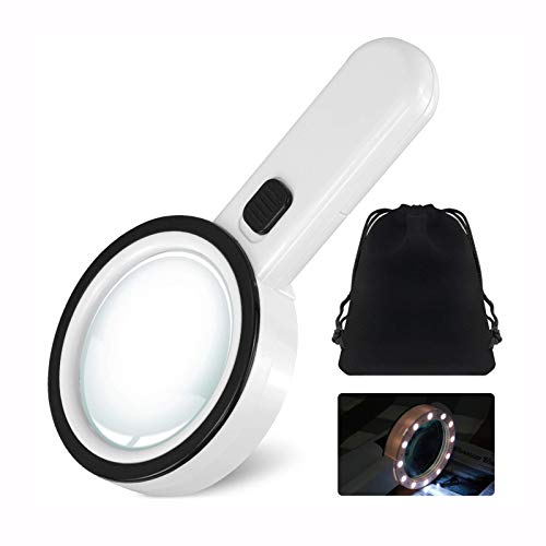 Leffis Magnifier Magnifying Glass with Light, 30X Handheld 12 LED Illuminated Lighted Magnifying Glasses for Seniors & Kids Close Work, Reading, Inspection, Jewellery (White)