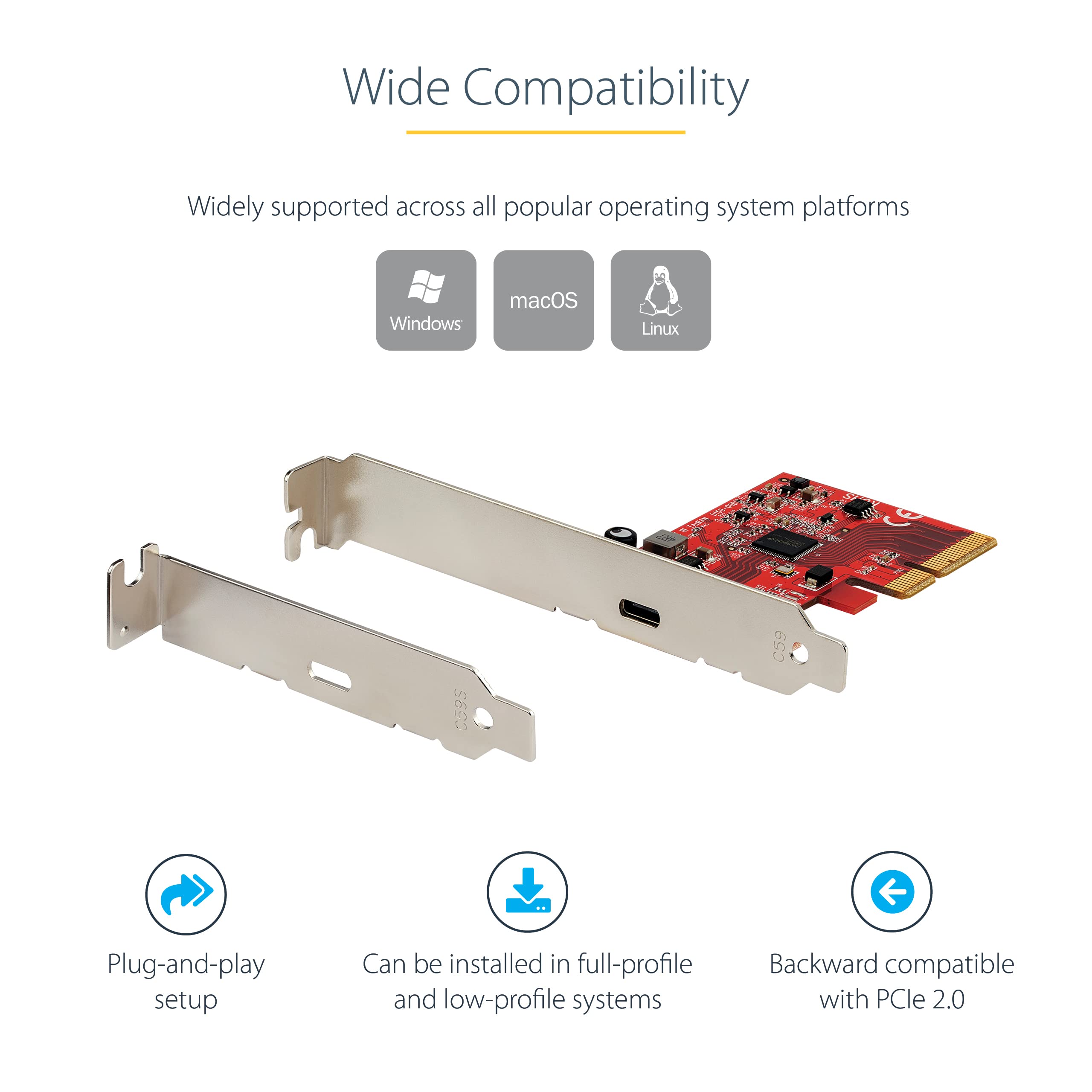 StarTech.com 1-Port USB 3.2 Gen 2x2 PCIe Card, USB-C 20Gbps PCI Express 3.0 x4 Adapter, Data Only, Windows/macOS/Linux, TAA