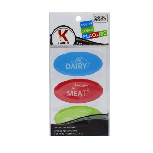 6 Kosher Plaques and Labels โ 2 Blue Dairy, 2 Red Meat, 2 Green Parve - Self Adhesive, Color Fade Resistant โ Color Coded Kitchen Stickers by The Kosher Cook