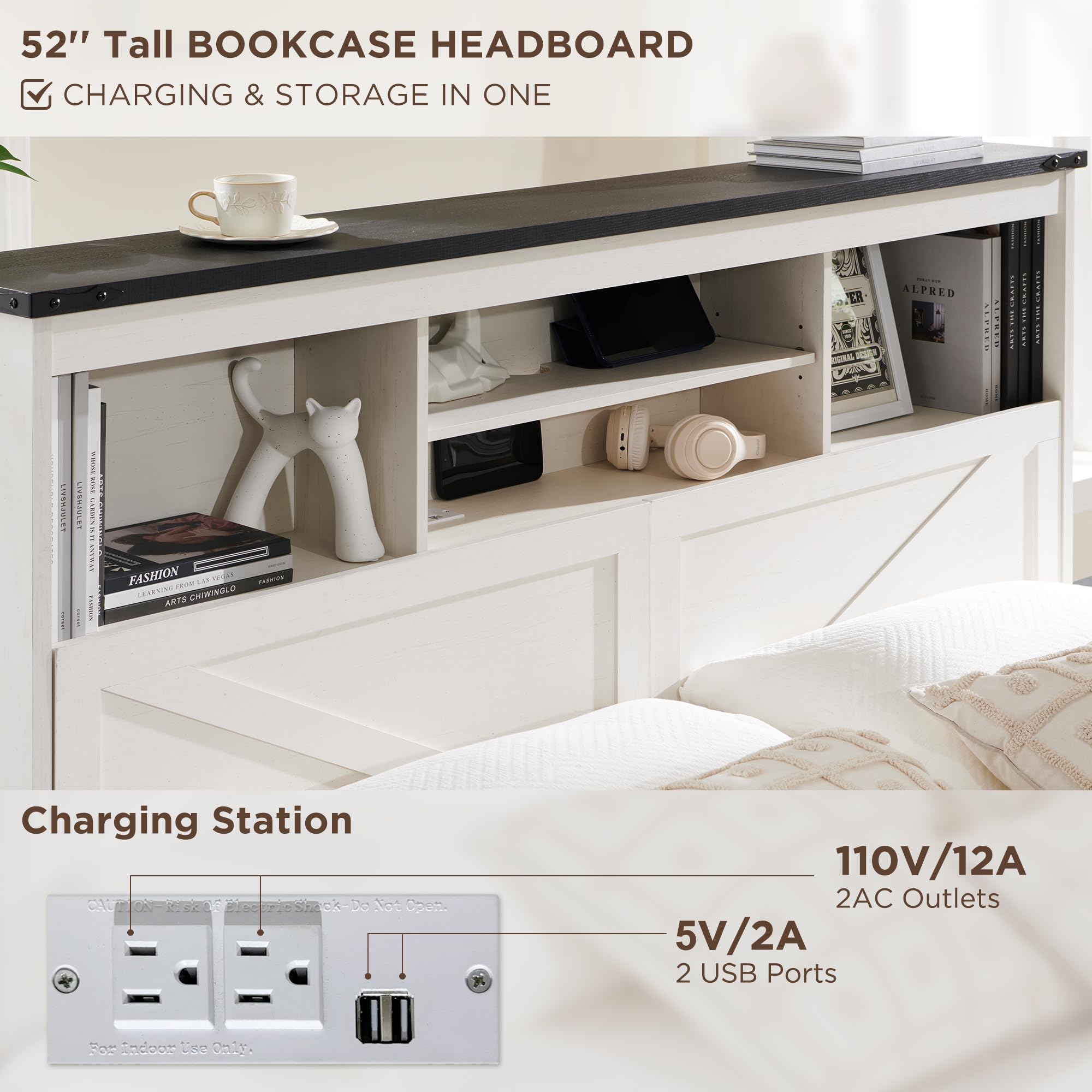 ACCOHOHO Farmhouse King Size Wood Bed Frame with 52" Tall Storage Headboard and 4 Drawers,LED Light,Charging Station,Solid Wood Slats Support,Noiseless,No Box Spring Needed,White