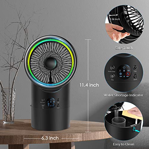 Portable Air Conditioner Fan, KUUOTE Mini Evaporative Cooler with 7 Colors Night Light, Personal Space Air Cooler Quiet Desk Fan Humidifier Misting Fan for Small Room Bedroom Home Office