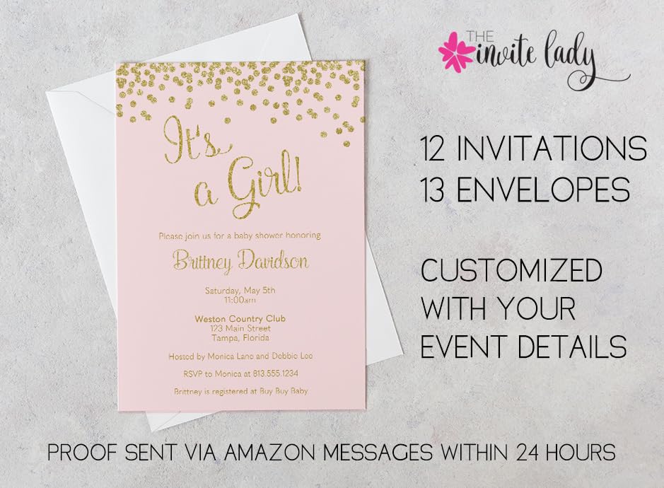 Customizable Baby Shower Invitations for Girl Pink and Gold Invites with Envelopes (12 Count)