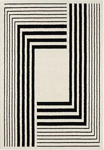 Abani Geometric Beige/Black Area Rug -6'x9' - Modern 3D Lines Design - Deco Collection - Easy to Clean - Durable for High Traffic Areas - Bedroom, Office & Kitchen - Medium Pile