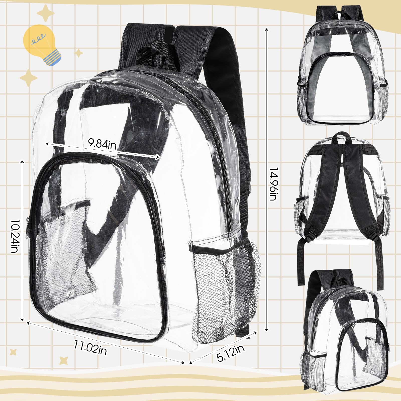 24 Pcs Clear Backpack Heavy Duty Clear Bookbags Clear Backpack Stadium Approved 16 Transparent See Through Backpacks for Stadium, Concert, Sports, Work, School, Security