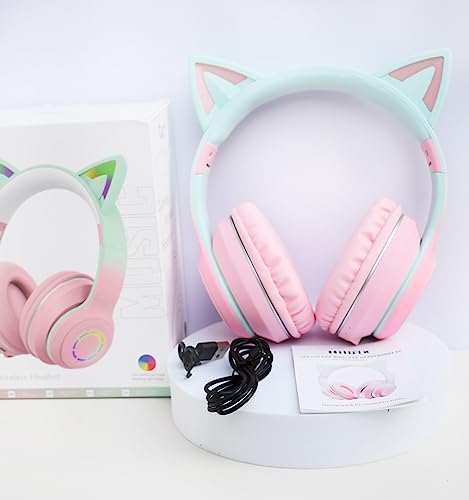 Hilifix Bluetooth Headphones Over Ear, LED Light Up Cat Ear Kids Headphones, Foldable Stereo Headphones Wireless Wired Headphones with Microphone for School/Study/Travel/PC/iPhone/iPad (Pink+Green)