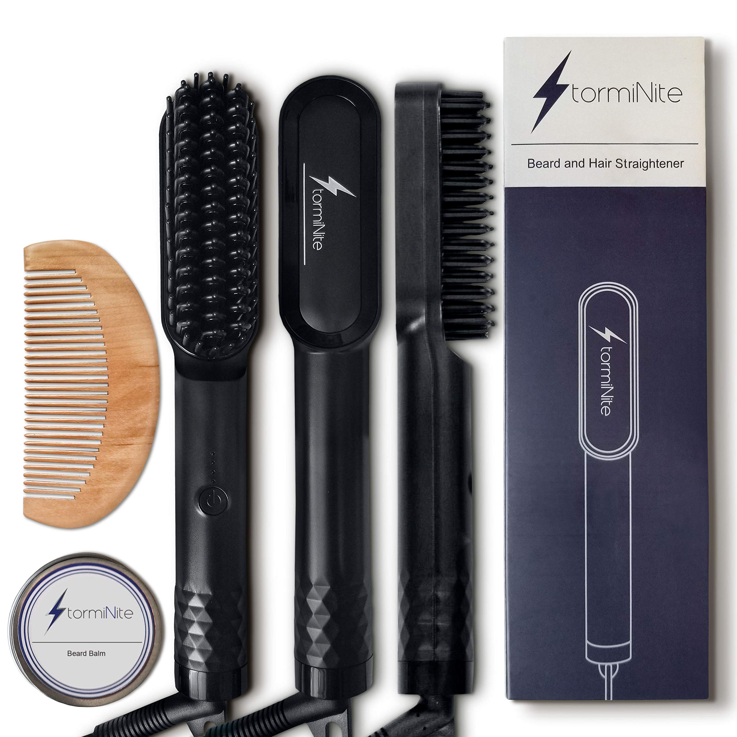 Beard Straightener Brush w/Free Beard Balm & Comb, Premium Hair Straightening Brush Kit, Heated Beard Comb, 3-Heat Settings, Fast Heat Beard Brush for Men - StormiNite