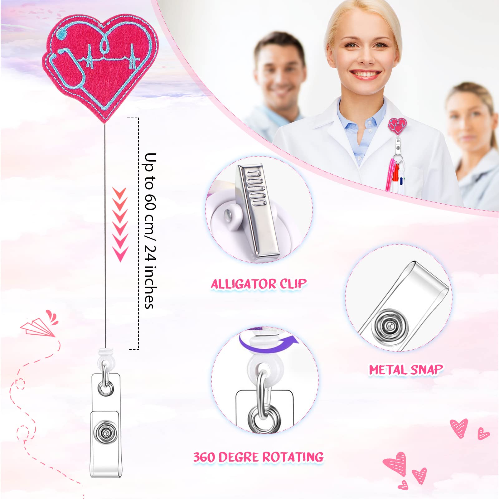 24 Pcs Nurse Pen CNA Week Appreciation Gift Set 6 Permanent Marker Pen 6 Retractable Ball Pen 6 Tip Highlighter 6 Nursing Badge Reel Holder Felt Badge Clip ID Name Reel for Nurses Gifts(Nurse Style)