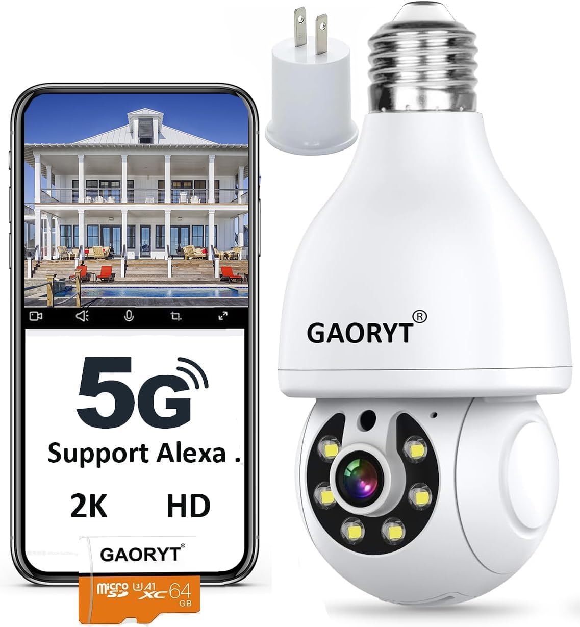 2K Light Bulb Camera-2.4GHz & 5GHz Light Bulb Security Camera,360° HD Smart Wireless Wifi Security Camera with Motion Detection Alarm Night Vision for Home Indoor and Outdoor,Compatible with Alexa