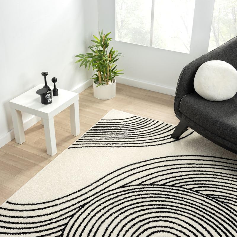 Abani Nuevo Beige Black Swirls Modern Area Rug 8' x 10' for Living Room, Bedroom - Abstract Design - Durable & Easy to Clean