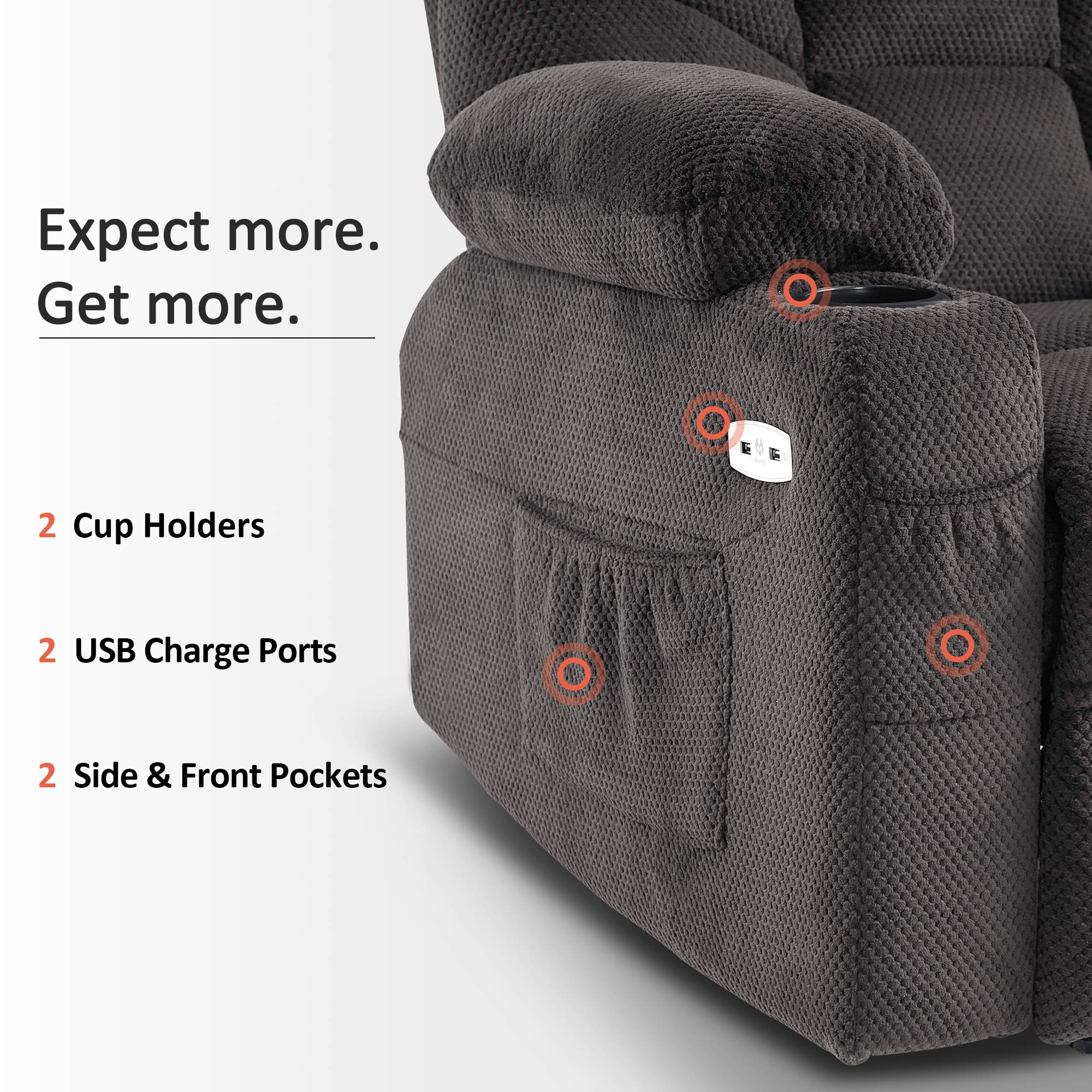 MCombo Manual Glider Rocker Recliner Chair with Cup Holders for Nursery, USB Ports, 2 Side & Front Pockets, Plush Fabric 8002 (Grey Fabric)