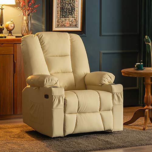MCombo Manual Swivel Glider Rocker Recliner Chair with Massage and Heat for Nursery, USB Ports, 2 Side Pockets and Cup Holders, Durable Faux Leather 8036 (Cream White)
