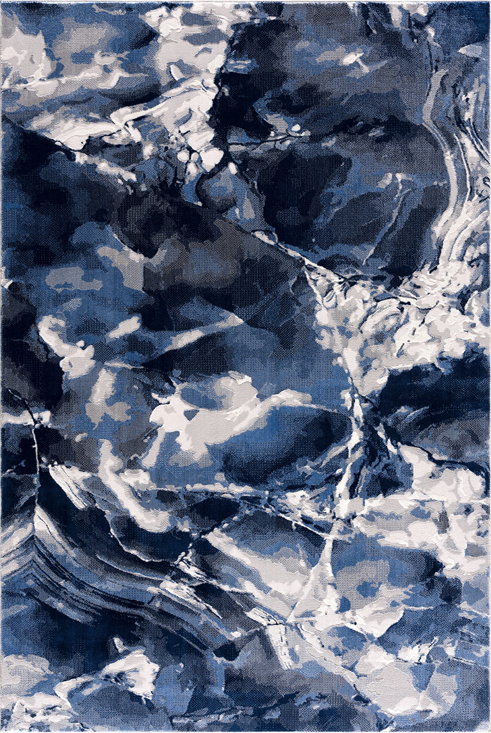 Abani Rugs Contemporary Blue & Grey Marble Ice Design 6’ x 9’ Area Rug - Modern Swirl Watercolor Non-Shedding Bedroom Rug