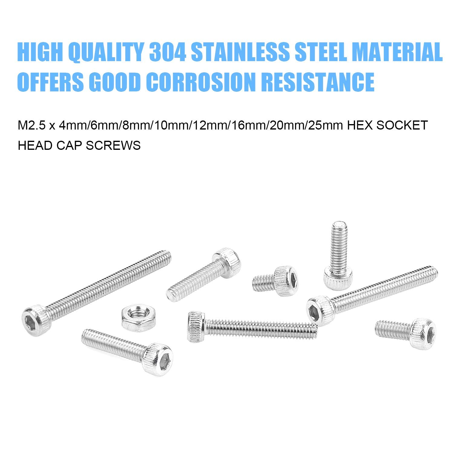 DYWISHKEY 360 Pieces M2.5 x 4mm/6mm/8mm/10mm/12mm/16mm/20mm/25mm, Stainless Steel 304 Hex Socket Head Cap Bolts Screws Washers Nuts Kit with Hex Wrench