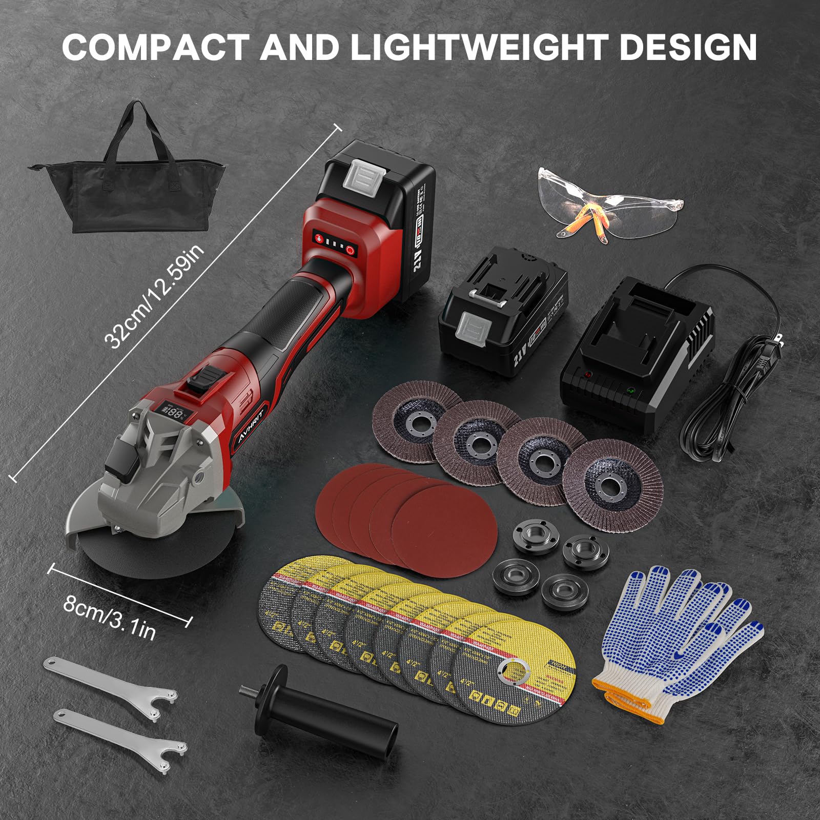 21V Cordless Angle Grinder, 4-1/2'' Power Angle Grinder Tools with 2PCS 4.0Ah Batteries, 9500RPM Brushless Electric Battery Grinder, Cordless Grinder with Cutting Wheel Disc for Metal Cutting,Grinding