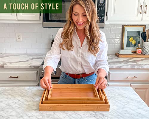Premium Bamboo Serving Trays Set of 3 - Natural Finish | Stylish and Functional Serving Platters for Food Presentation | Sustainable and Durable Kitchen Accessories