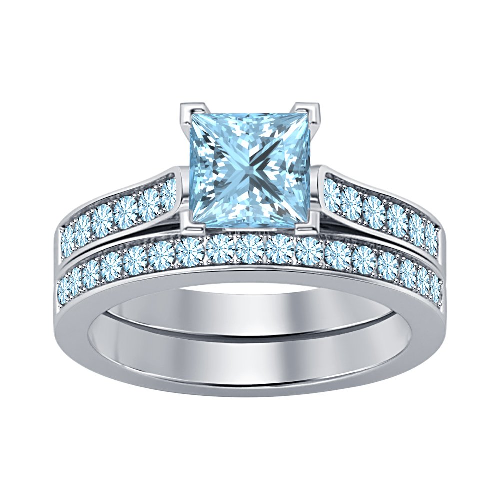 2.75 ctw Princess & Round Cut Aquamarine Wedding Band Engagement Bridal Ring Set 925 Sterling Silver