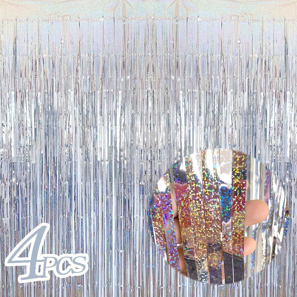 4pcs 3.2x8 ft Silver Foil Fringe Curtain, Silver Streamer Backdrop Glitter, Silver Sparkle Tinsel Fringe Curtain for Silver Party Decorations