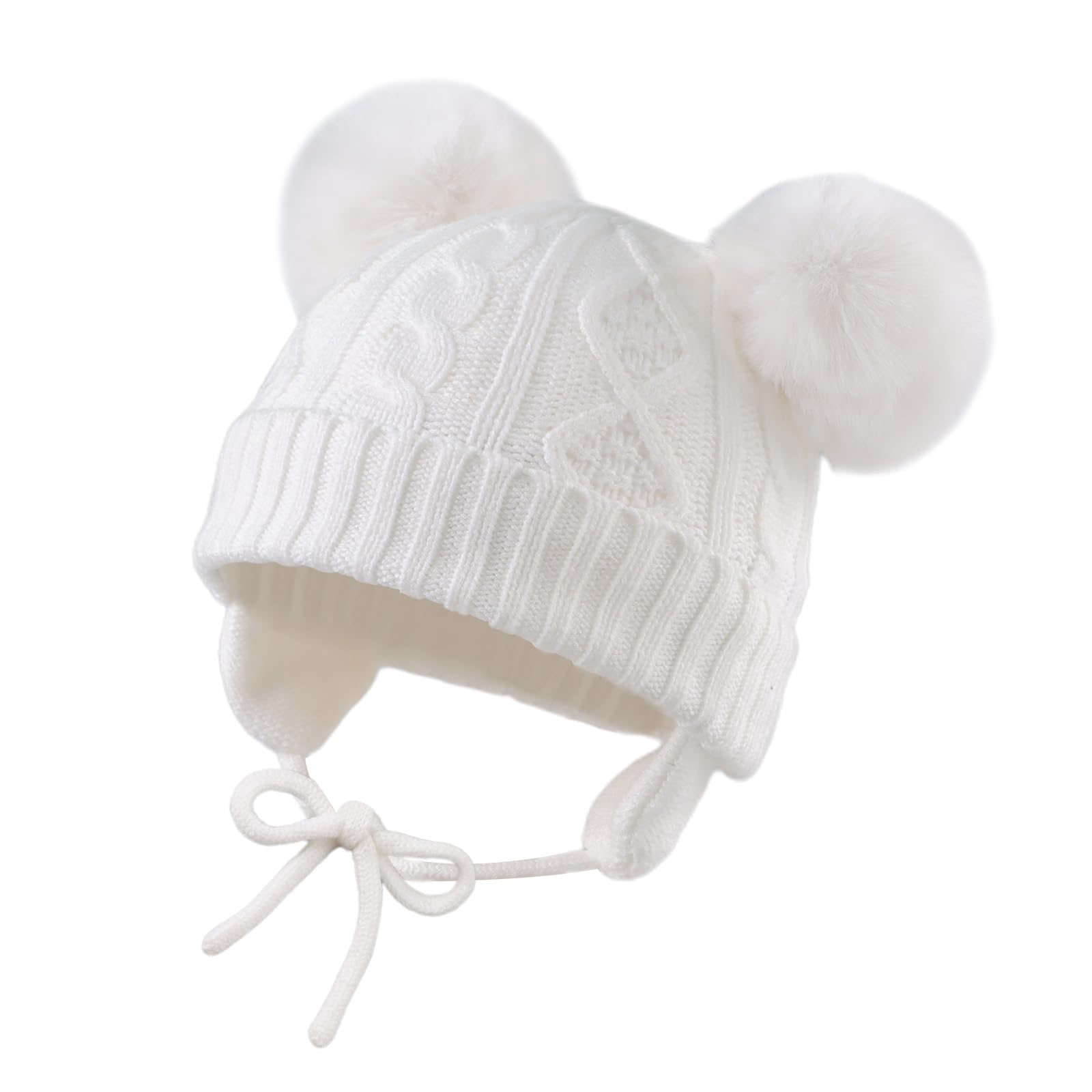 JANGANNSA Cute Knitted Boys Girls Christmas Beanie Warm Earflap Winter Hat Infant Toddler Baby Beanie 0-6Y (M, White Pompom)