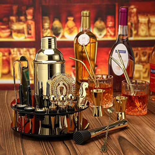 X-cosrack 19-Piece Bar Set,Gold Cocktail Shaker Set for Drink Mixing:Stainless Steel Bar Tools with Rotating Stand,Professional Bartender Kit for Home Bars, Parties