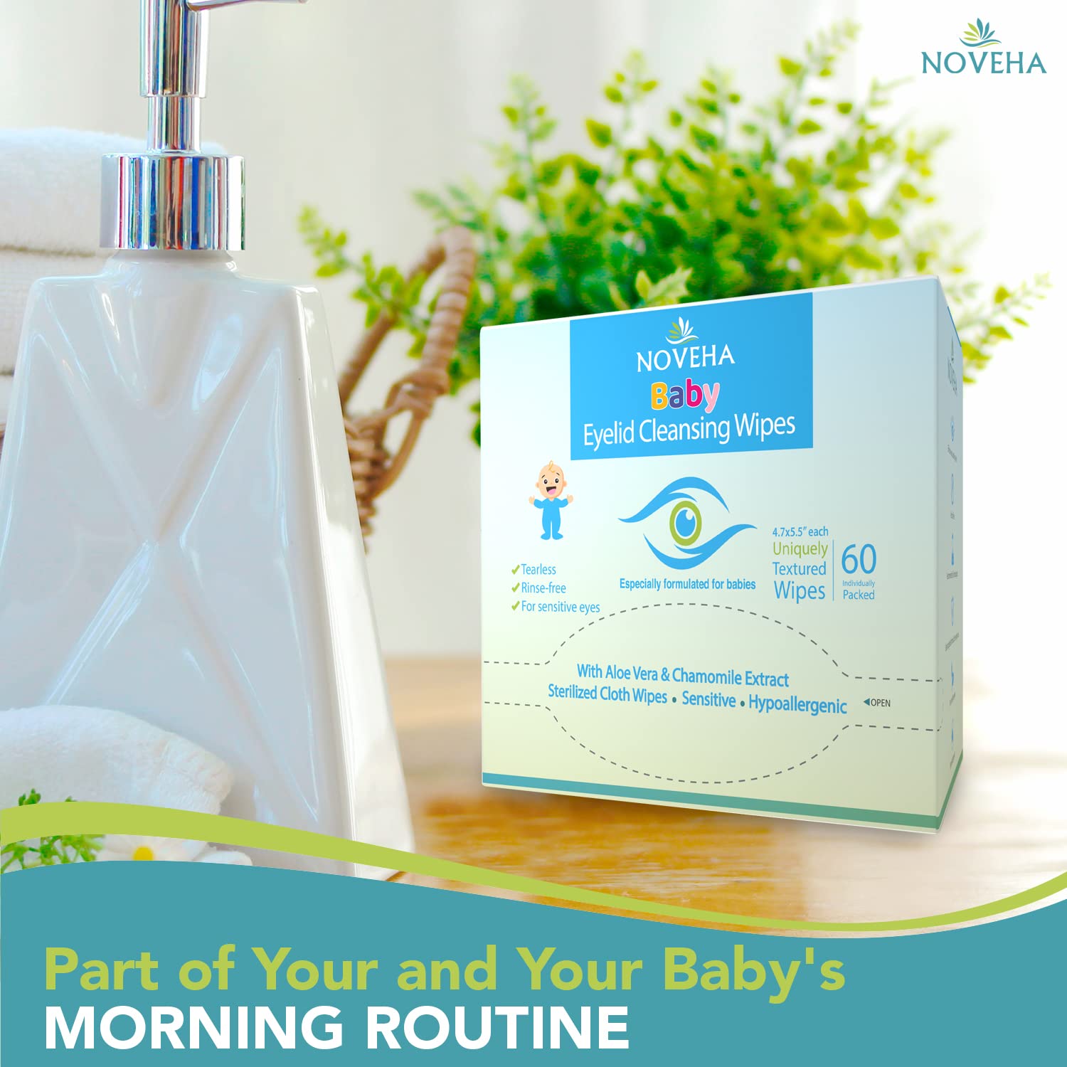 NOVEHA Baby Eyelid & Lash Wipes | Safe & Natural Pack of 60 Pre-moistened Wipes