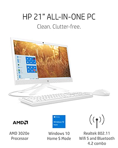 HP 21 All-in-One PC, AMD 3020e Processor, 4 GB RAM, 128 GB SSD Storage, 20.7-inch Full HD Display, Windows 10 Home in S Mode, Adjustable Screen, Privacy Camera, Dual-Array Mics (21-b1010, 2021)