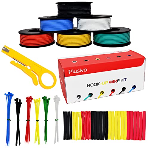 24 AWG Stranded Wire Kit β Silicone Coated Copper Wires 24 Gauge Pre-Tinned 30ft/9m Each Spool, 6 Colors (Black, Red, Yellow, Green, Blue, White), Electrical Jumper Wire Hook Up Wire Kit from Plusivo
