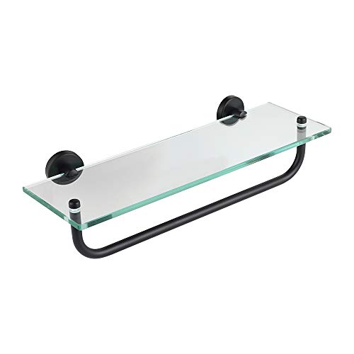 JQK Bathroom Glass Shelf, Shelf with 15 Inch Towel Bar Tempered Glass Shower Storage 16 by 5 inches, 304 Stainless Steel Matte Black Wall Mount, TGS100-PB