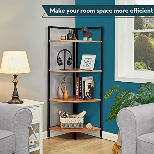SAYGOER Corner Bookshelf 4 Tier Stand Storage Shelf Modern Black Bookcase Ladder Standing Shelves Display Rack Plant Stand for Small Spaces, Bedroom, Living Room,Walnut Oak