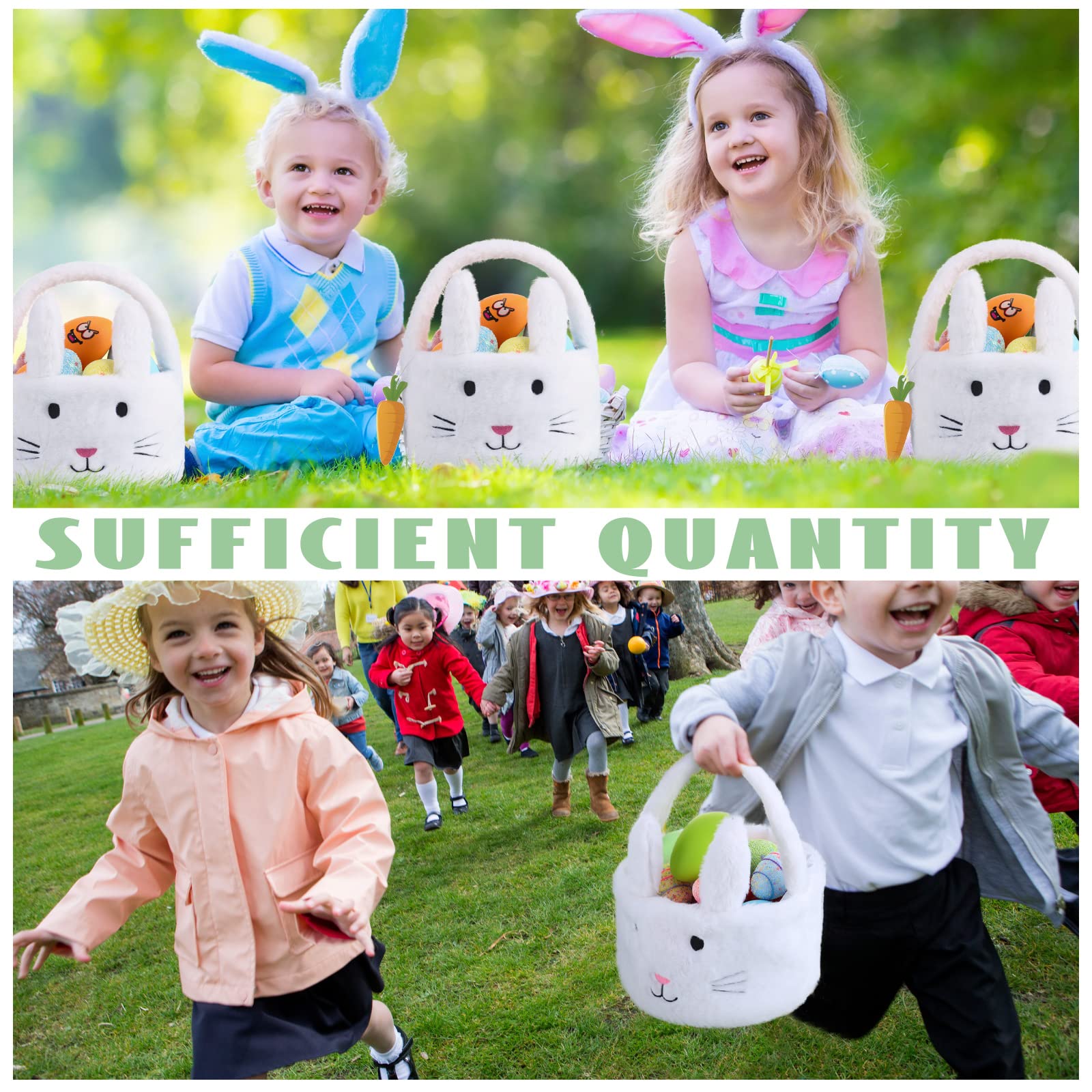4 Pcs Easter Bunny Basket for Kids Cute Plush Rabbit Basket with Handle Foldable Ears White Basket with Carrot Name Card for Baby Girl Boy Easter Egg Hunt, 9.84 x 7.87 Inch