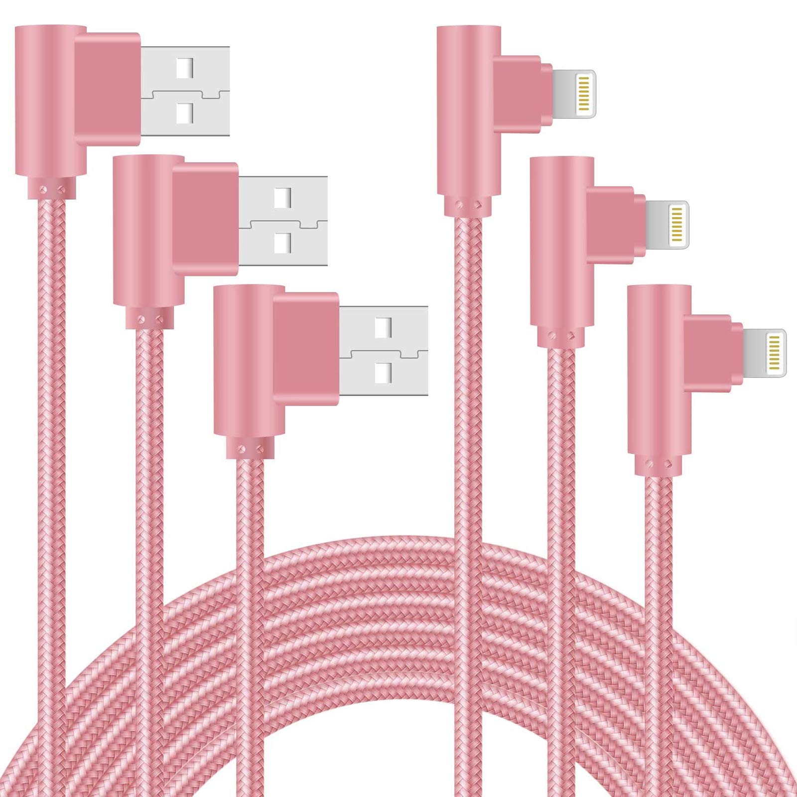 Quickeep Lightning Cable 10ft 90 Degree iPhone Charger 3 Pack Right Angle iPhone Charging Cable Nylon Braided Fast Charge Cord Compatible with iPhone 14/13/12/11/ XS/XR/X/8/7/6 (Rose Gold)