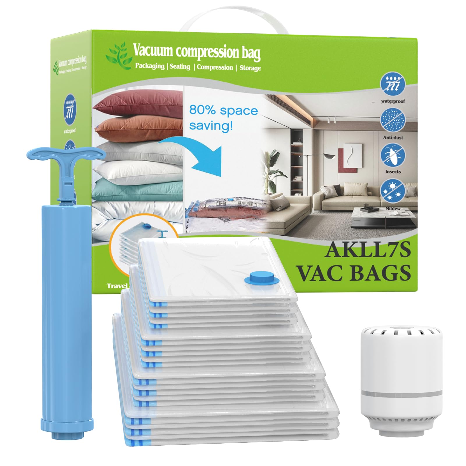 AKLL7S Vacuum Storage Bags with Electric Air Pump, 12 Pack Space Saver Bags(3 Jumbo, 3 Large, 3 Medium, 3 Small) Vacuum Seal Bags for Clothing, Comforters, Blankets, Travel(Hand Pump Included)