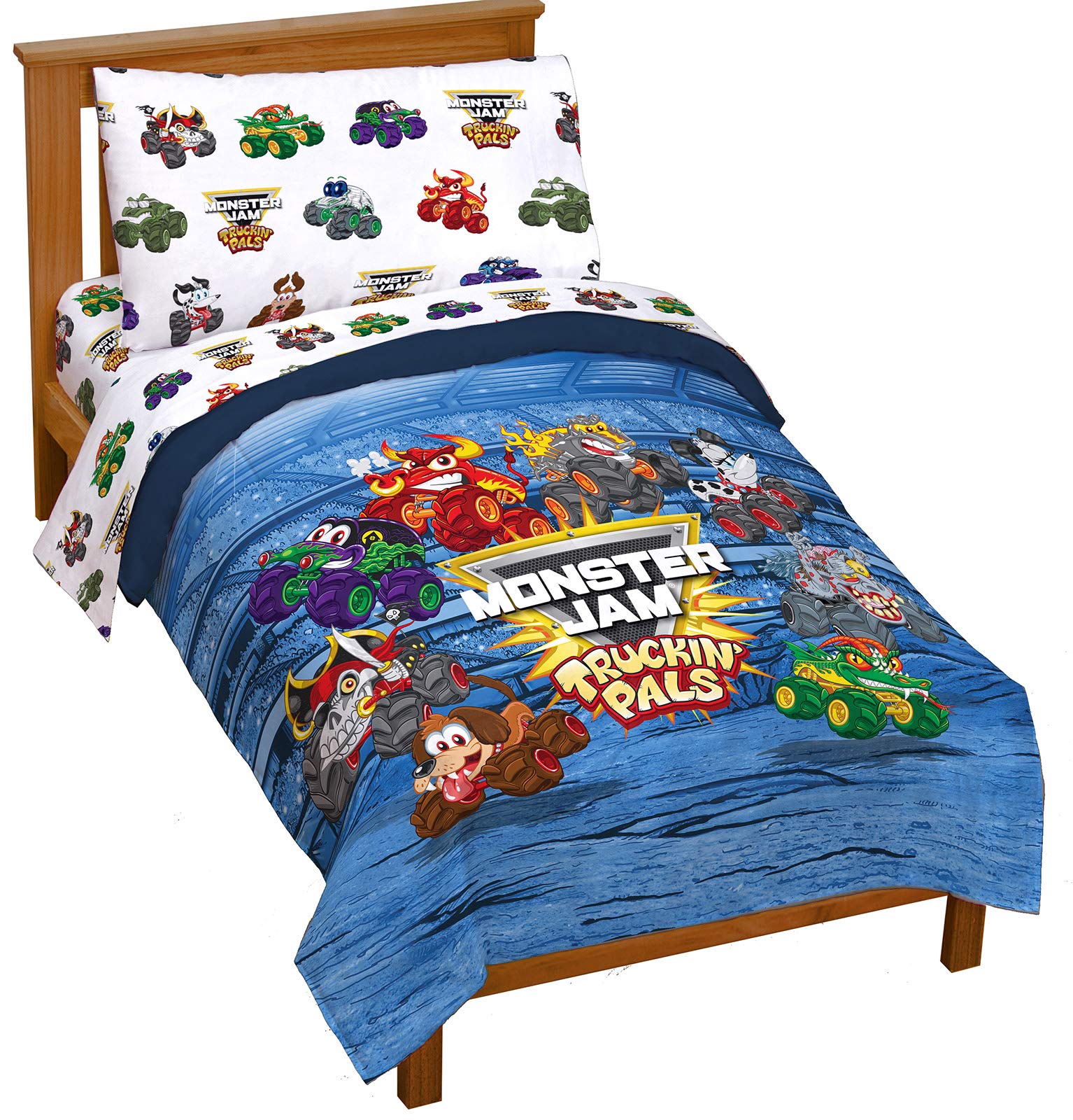 Jay Franco Monster Jam Truckin' Pals 4 Piece Toddler Bed Set - Includes Comforter & Sheet Set - Bedding Features Grave Digger & Megalodon - Super Soft Fade Resistant Microfiber