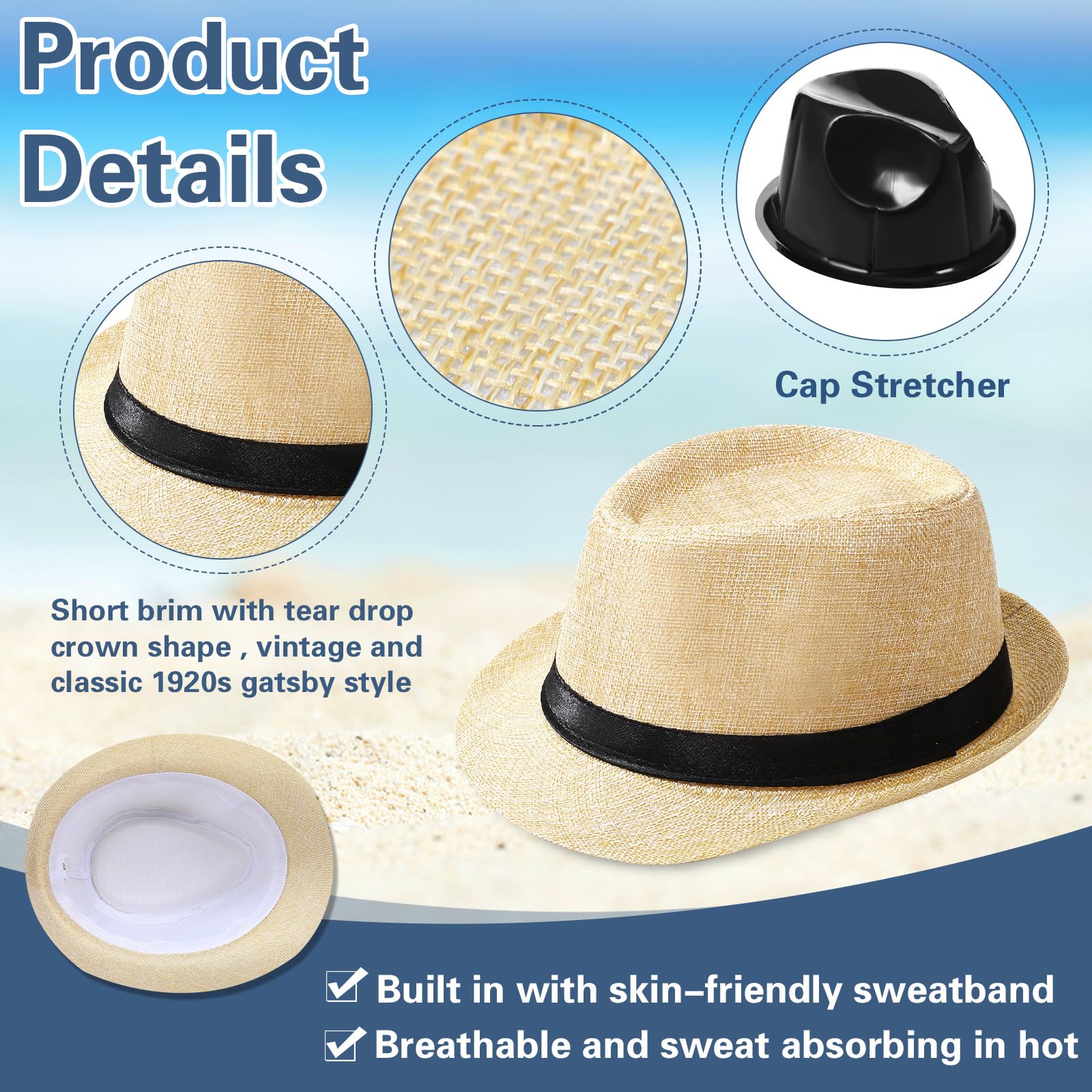24 Pack 1920s Fedora Hats Bulk for Men Short Brim Sun Panama Hats for Women Party Costume, Circumference 60 cm(Beige)