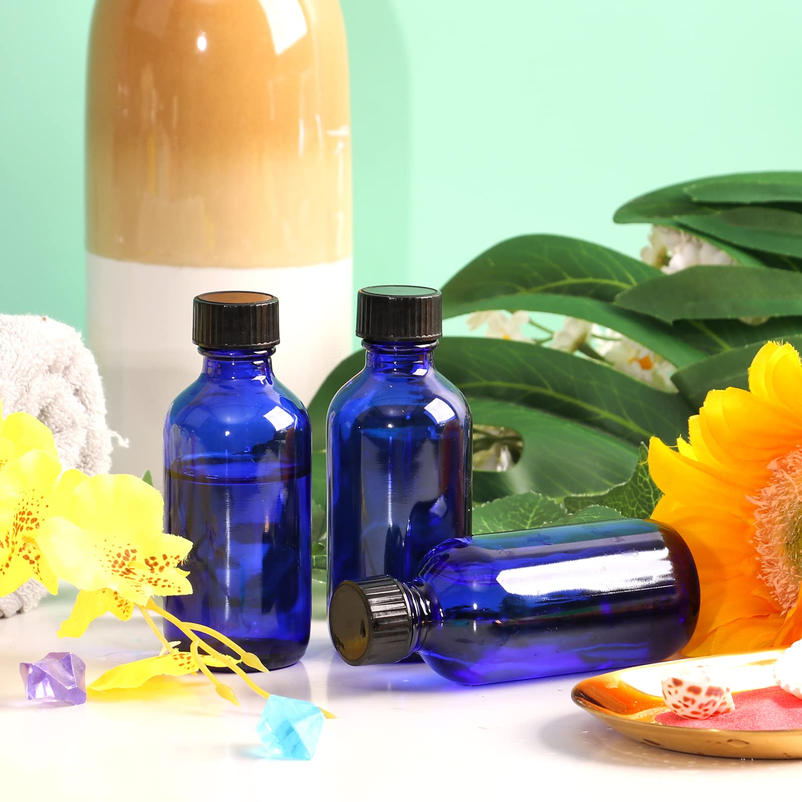 24 Pack 60 ml 2 oz Blue Glass Bottles with Lids, Dispensing Round Boston Bottles for Essential Oils, Hot Sauce, Juice, Liquids,Vanilla Wedding Decor. Include 1 pen, 2 Brush,3 Funnel, 80 Labels.