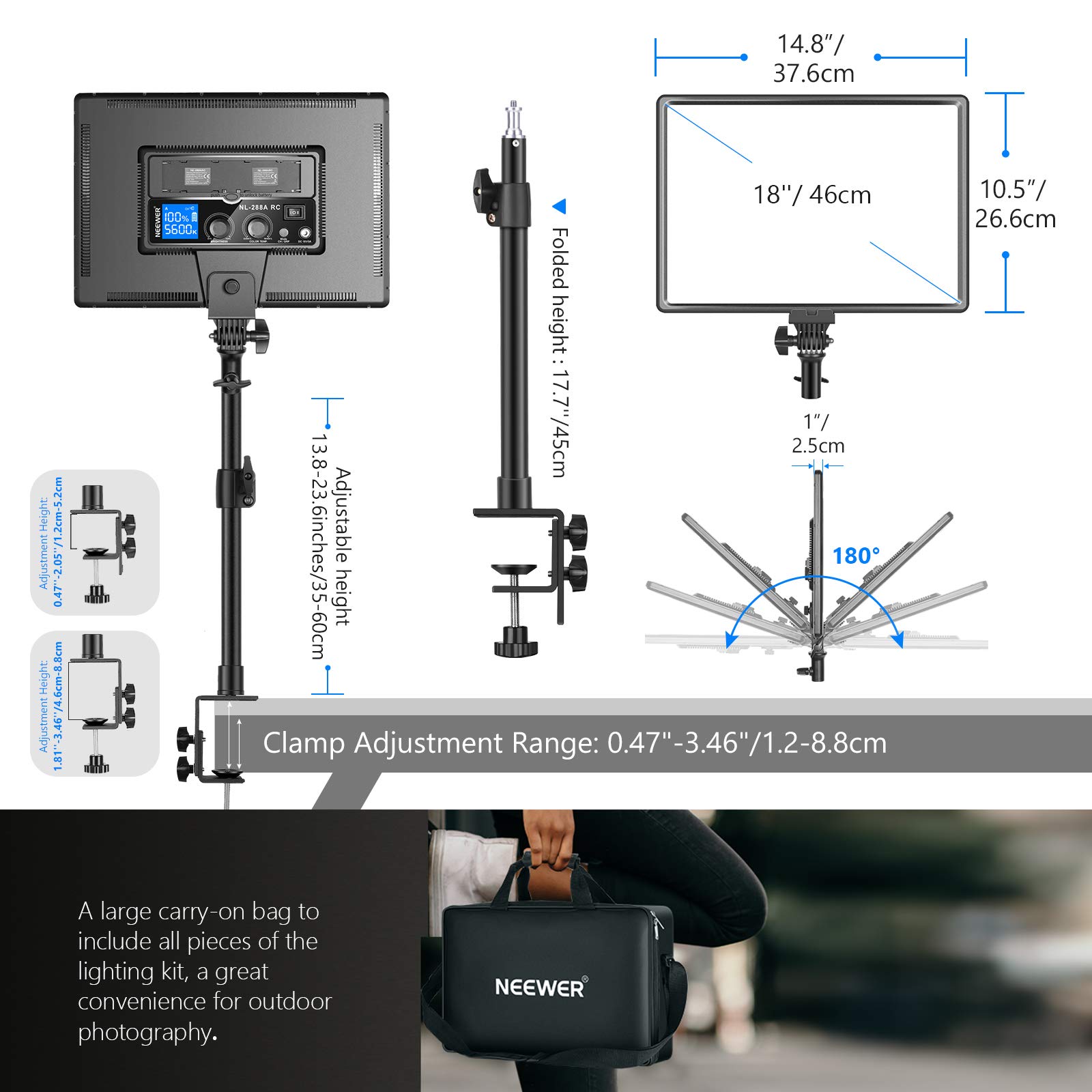 Neewer Desk Mount LED Video Light with C-clamp Stand and 2.4G Remote Kit: Dimmable Bi-Color 18" LED Panel 3200K-5600K 45W 4800Lux CRI 97+ Light for Photography YouTube Game Video Shooting Live Stream
