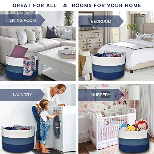 COMSE Extra Large Blanket Basket, Storage Basket, Laundry Basket, 21.7βx 13.8β, Laundry Hamper, Cotton Rope Basket, Blanket Basket Living Room, Toy Basket (White & Cadet Blue & Navy Blue)