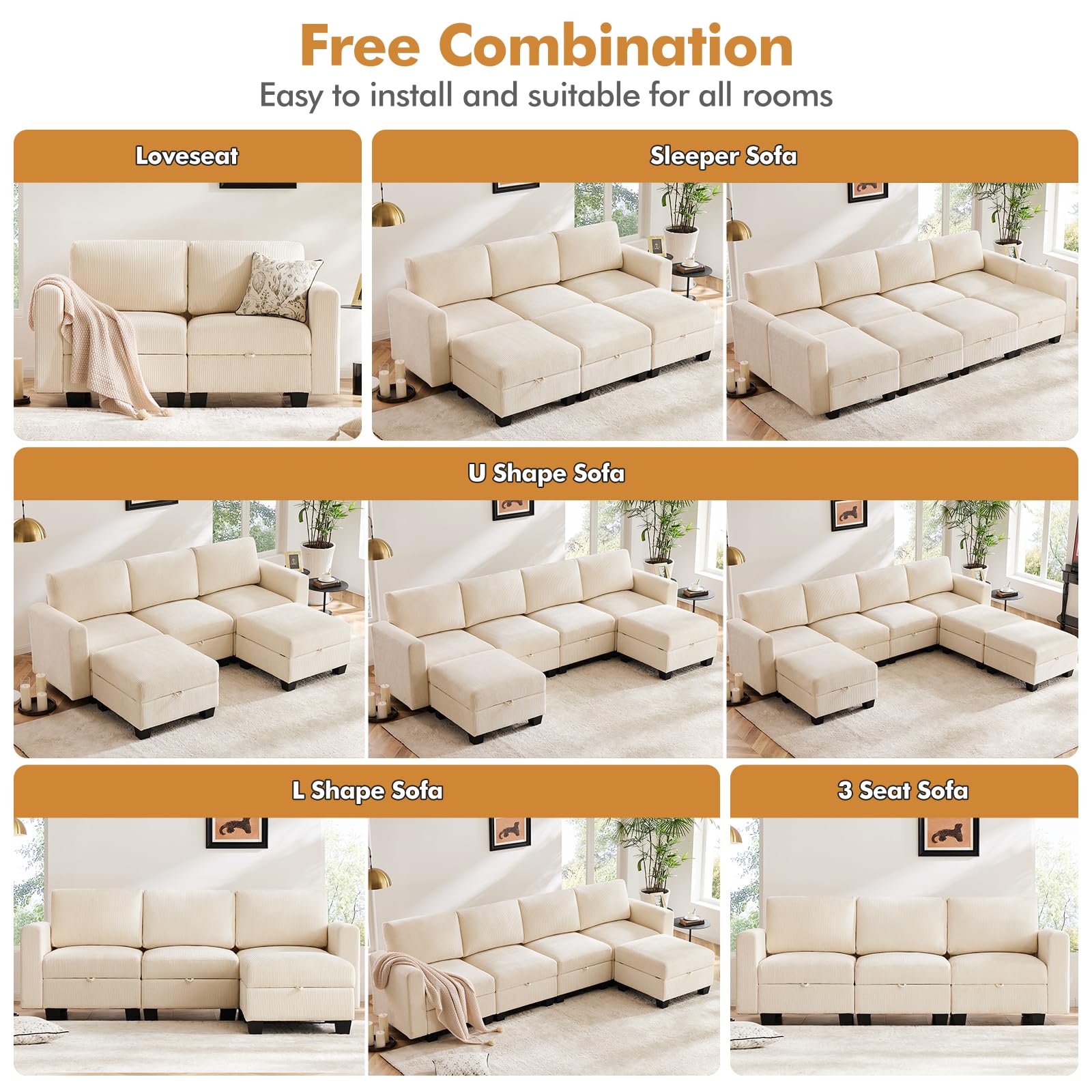 ABCASA Modular Sectional Sofa with Storage Chaises,Modular Sleeper Sofa Couch 6 Seat Sectional Sofa Bed Couch for Living Room,Apartment,Corduroy,Ivory