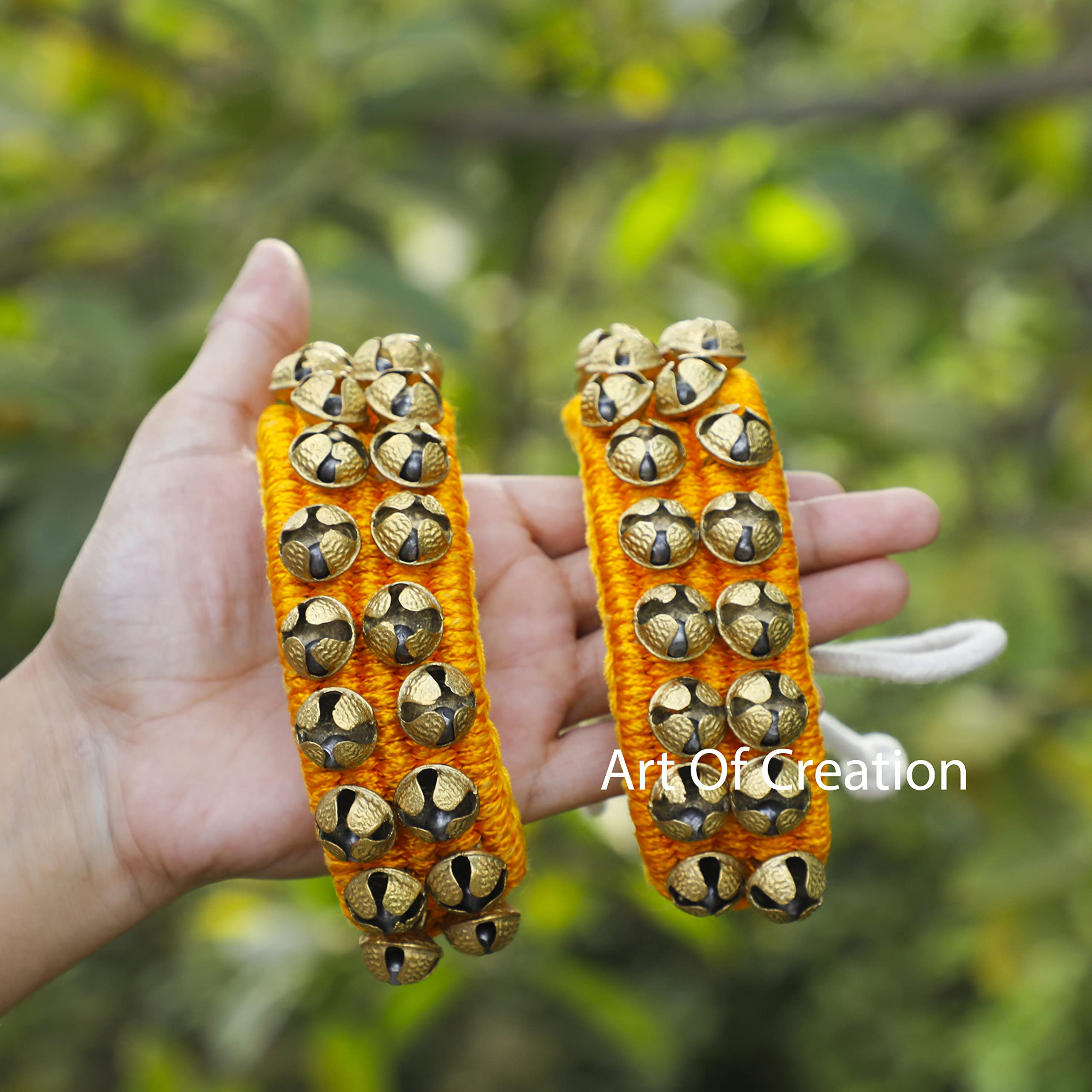 Art Of Creation Dancing Ankle Kathak Ghungroo Pair 40 Bells 2 Lines Handmade Musical Instrument Classical Bharatnatayam Kuchchipudi (Yellow Padded 40 Bell)