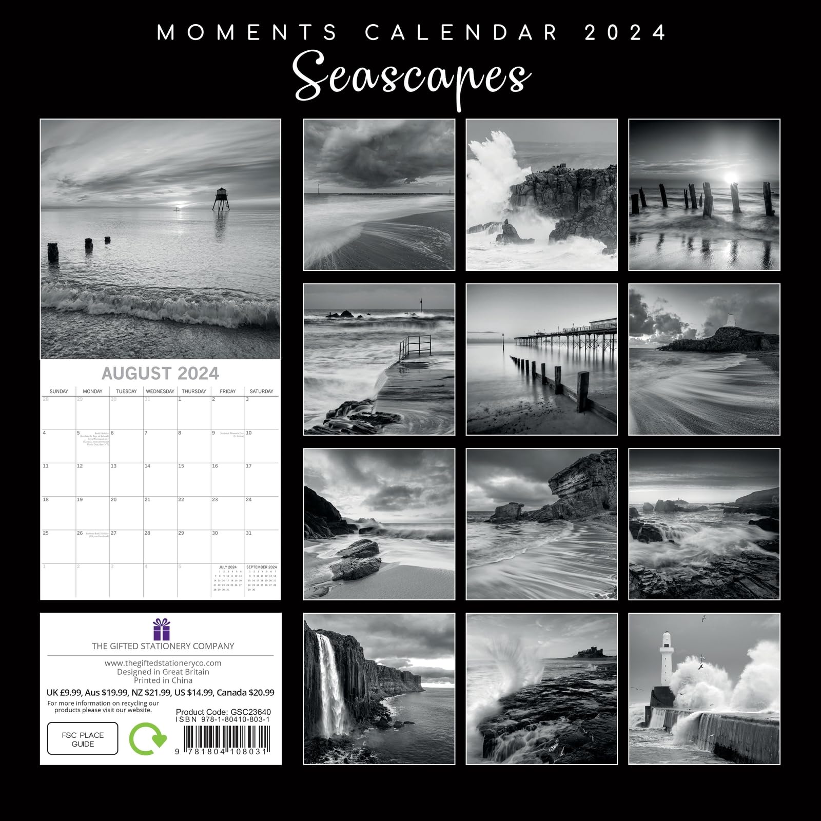 2024 Square Wall Calendar, Seascapes, 16-Month Black and White Photos with 180 Reminder Stickers (12 x 12 In)