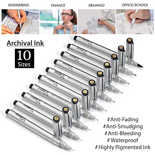 Fhyhej Black Precision Micro Line Pens,Ultra Fine Point Drawing Pen Set, Anti-Bleed Waterproof Archival Ink, Artist Illustration, Technical Drawing, Technical,Drawing,Office Writing,10/Set (Black)