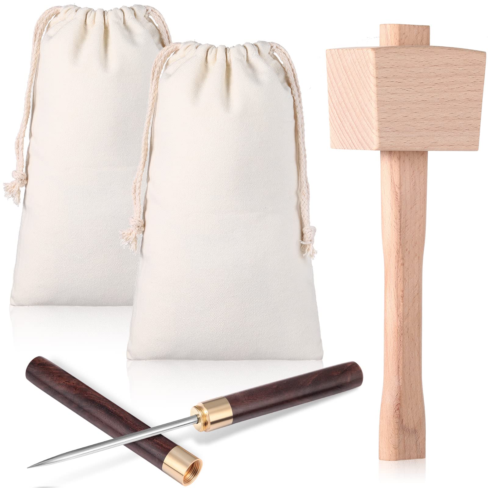 4 Pcs Lewis Bag and Ice Mallet Set, 11.8 x 7.9 Inch Reusable Canvas Crushed Ice Bags with Wooden Handle Ice Hammer Ice Crushers Stainless Steel Ice Pick with Safety Cover for Bar Bartender Tools Kit