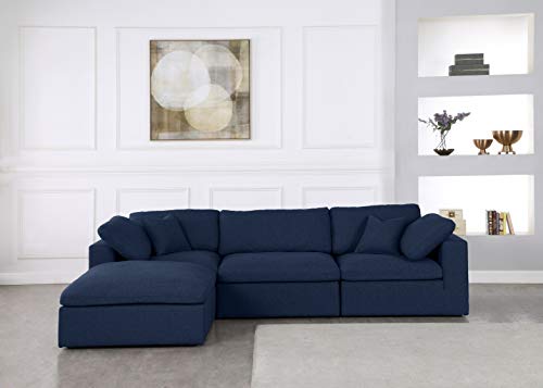 Meridian Furniture Serene Collection Modern | Contemporary Deluxe Comfort Modular Sectional, Soft Linen Textured Fabric, Down Cushions, 2 Corner + 1 Armless + 1 Ottoman, Navy