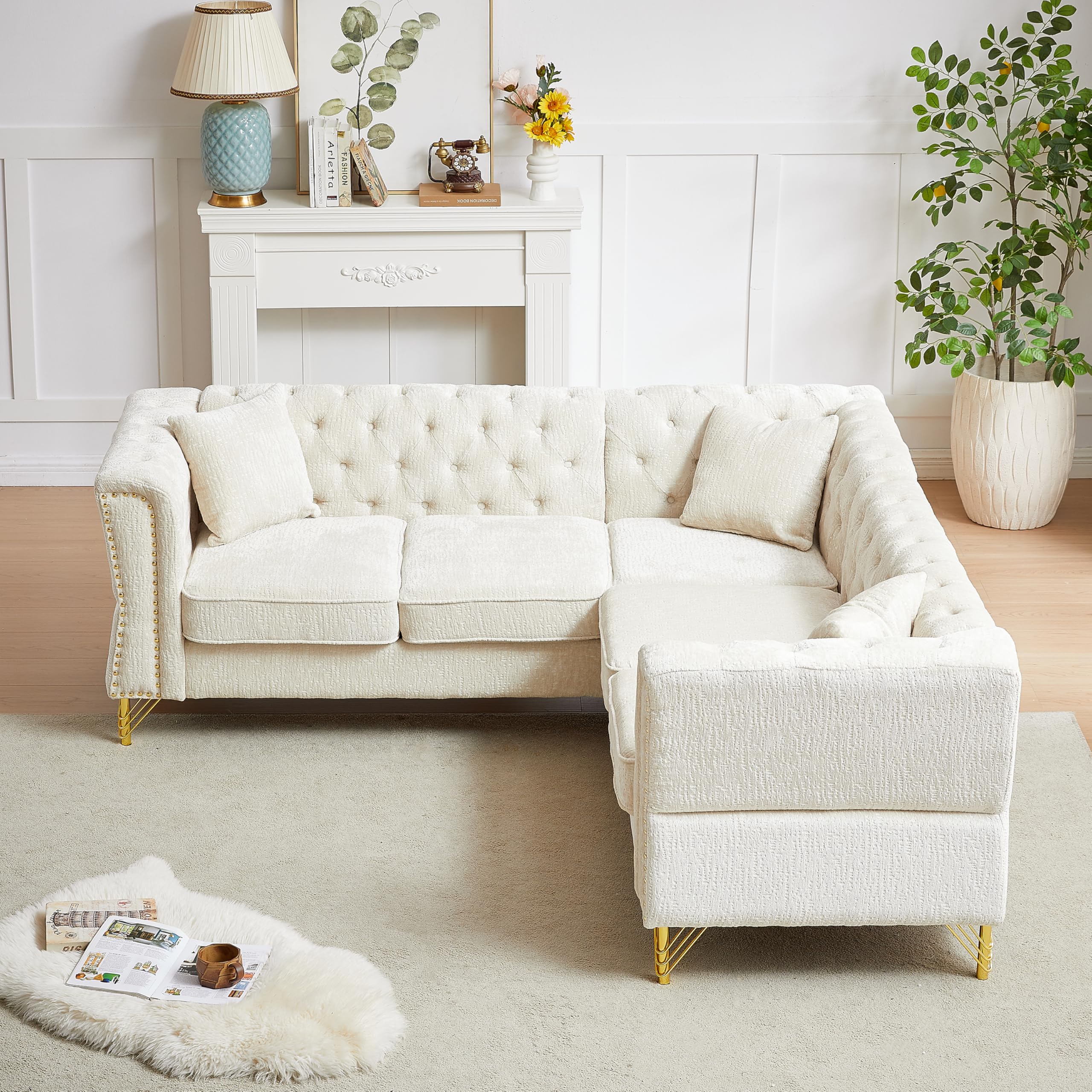 Acosure 110 Inch Cloud L Shape Couches with Cup Holder,USB T-pyce Port,Corduroy Corner Sofa W/Two Storage Spaces,for Living Room,Bedroom,Apartment,Office,Beige, 110"