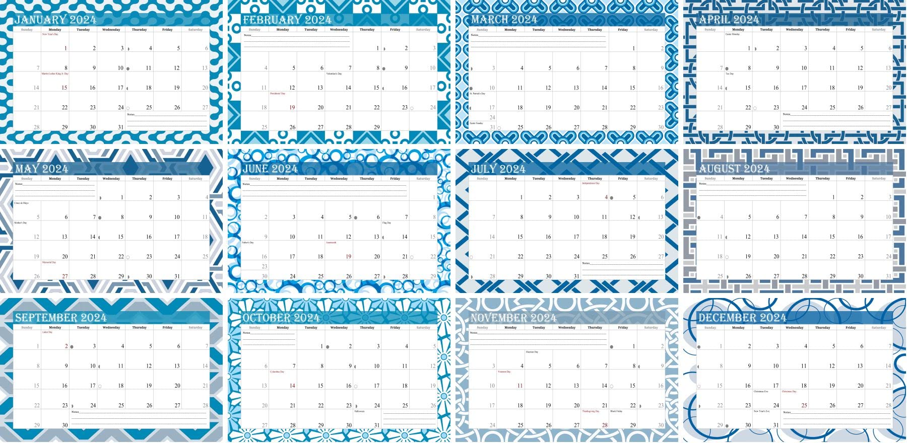 2024 Photo Frame Wall Spiral-bound Calendar (Add Your Own Photos) - 12 Months Desktop/Wall Calendar/Planner - (Geometrics Edition #004)