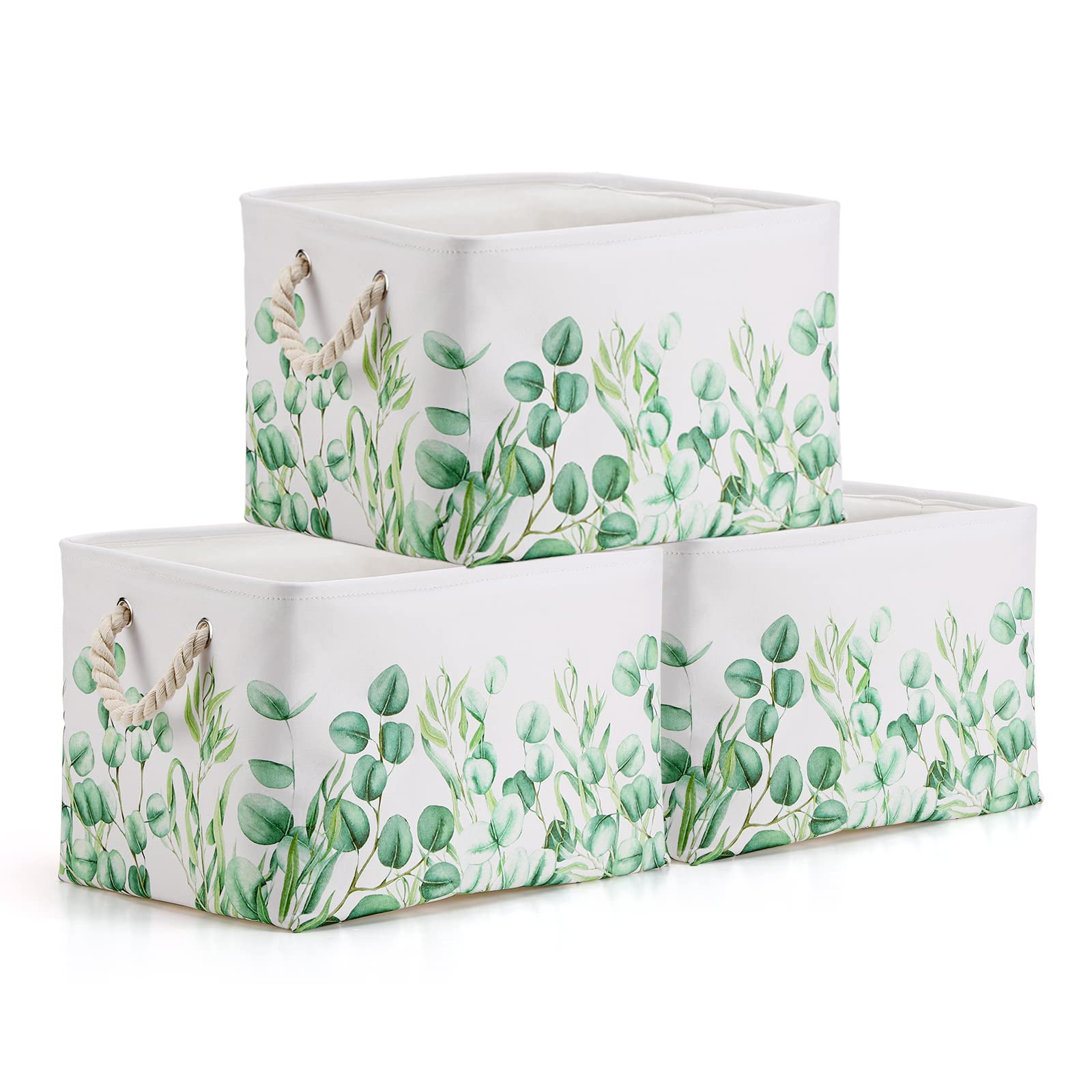 3 Pcs Rectangle Storage Baskets Oxford Fabric Organizer Bin 15 x 11 x 9.5 Inch Toy Storage Box Nursery Hamper with Handle Eucalyptus Laundry Basket Collapsible Storage Bins for Playroom Shelves